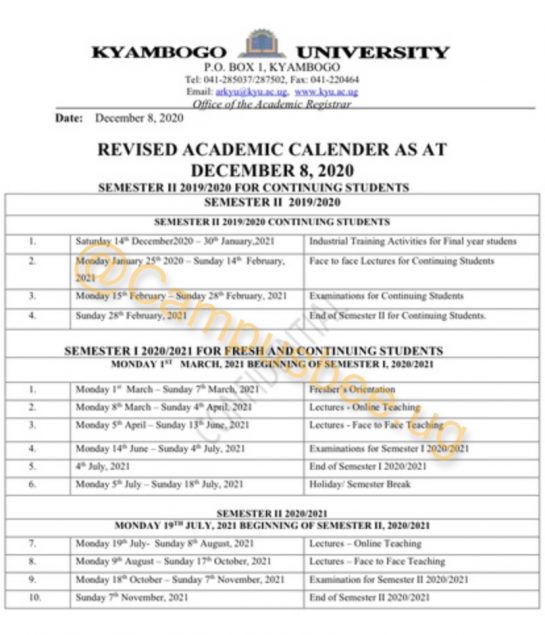 Kyambogo University Releases Revised Academic Calendar, Freshers to ... Kyambogo University Releases Revised Academic Calendar, Freshers to ...