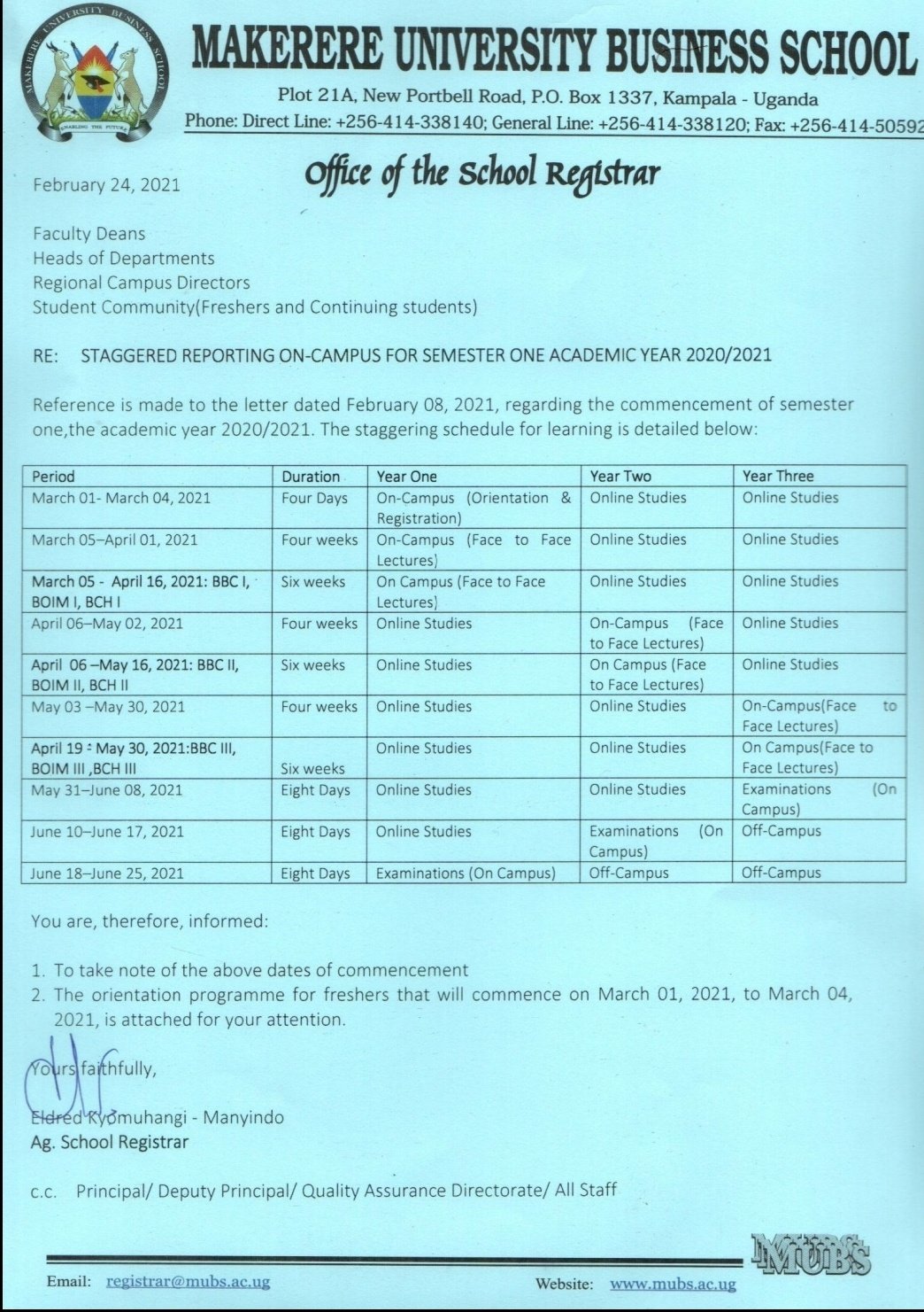 MUBS Releases Staggered Reopening Programme - Campus Bee