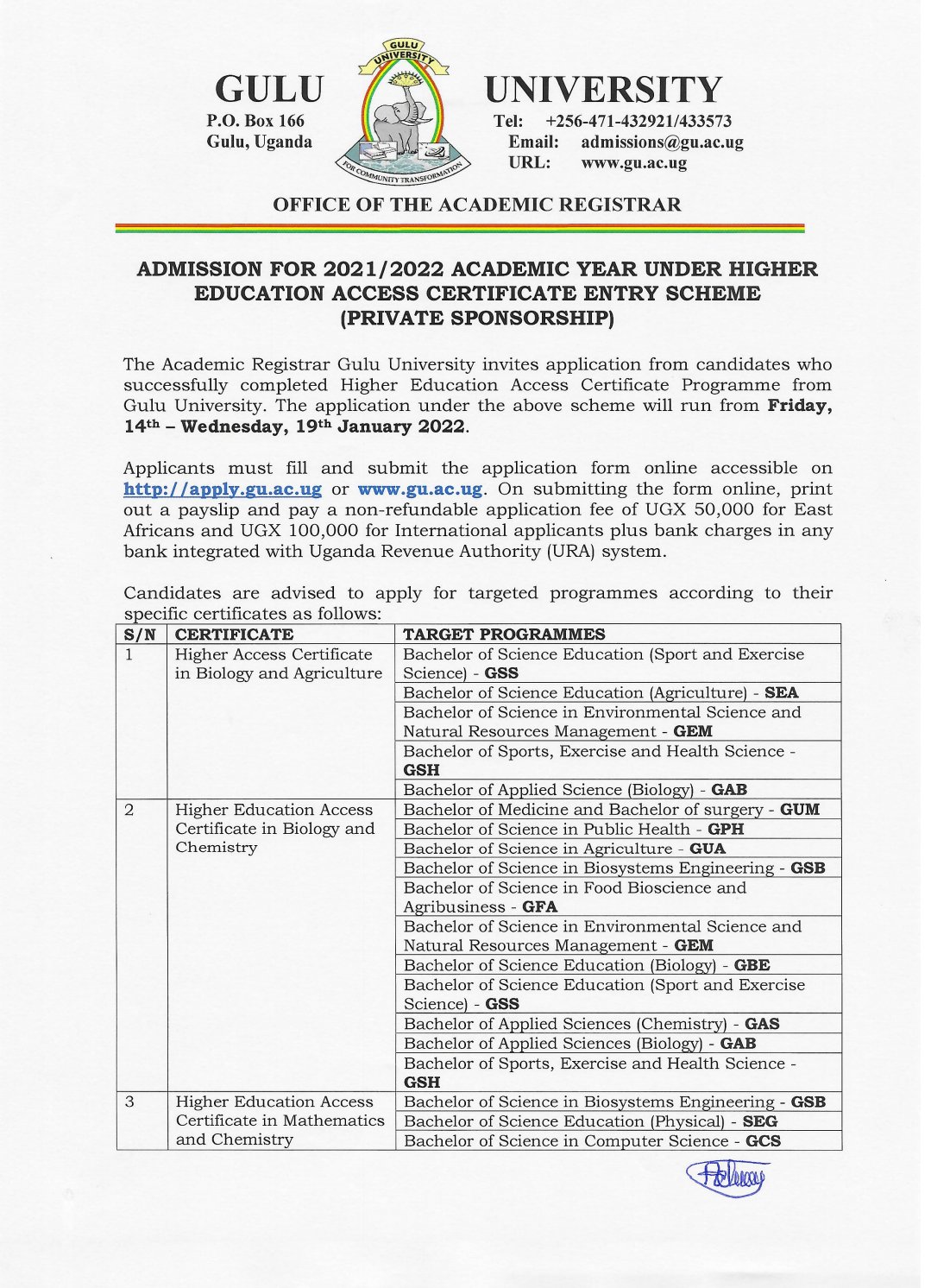 Gulu University Publicizes Private Sponsorship Positions for Higher ...