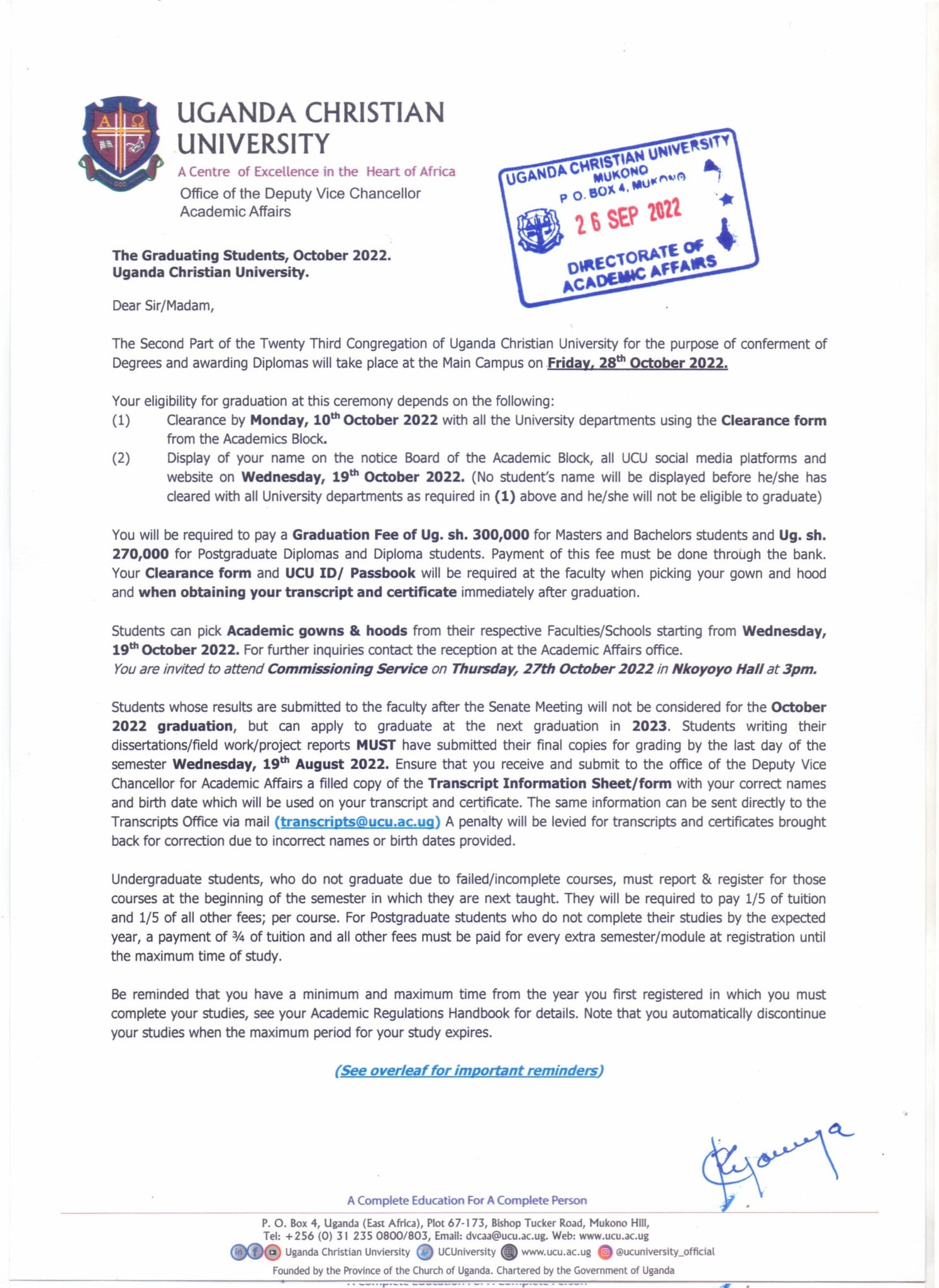 UCU Releases Timeline for October 2022 Graduation Ceremony - Campus Bee