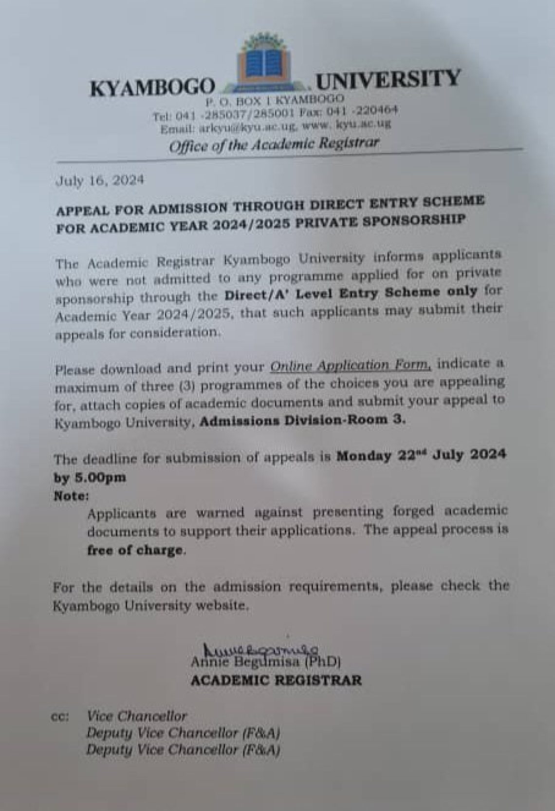 Kyambogo: Appeals for 2024/2025 Direct Entry Scheme Admissions Opened ...