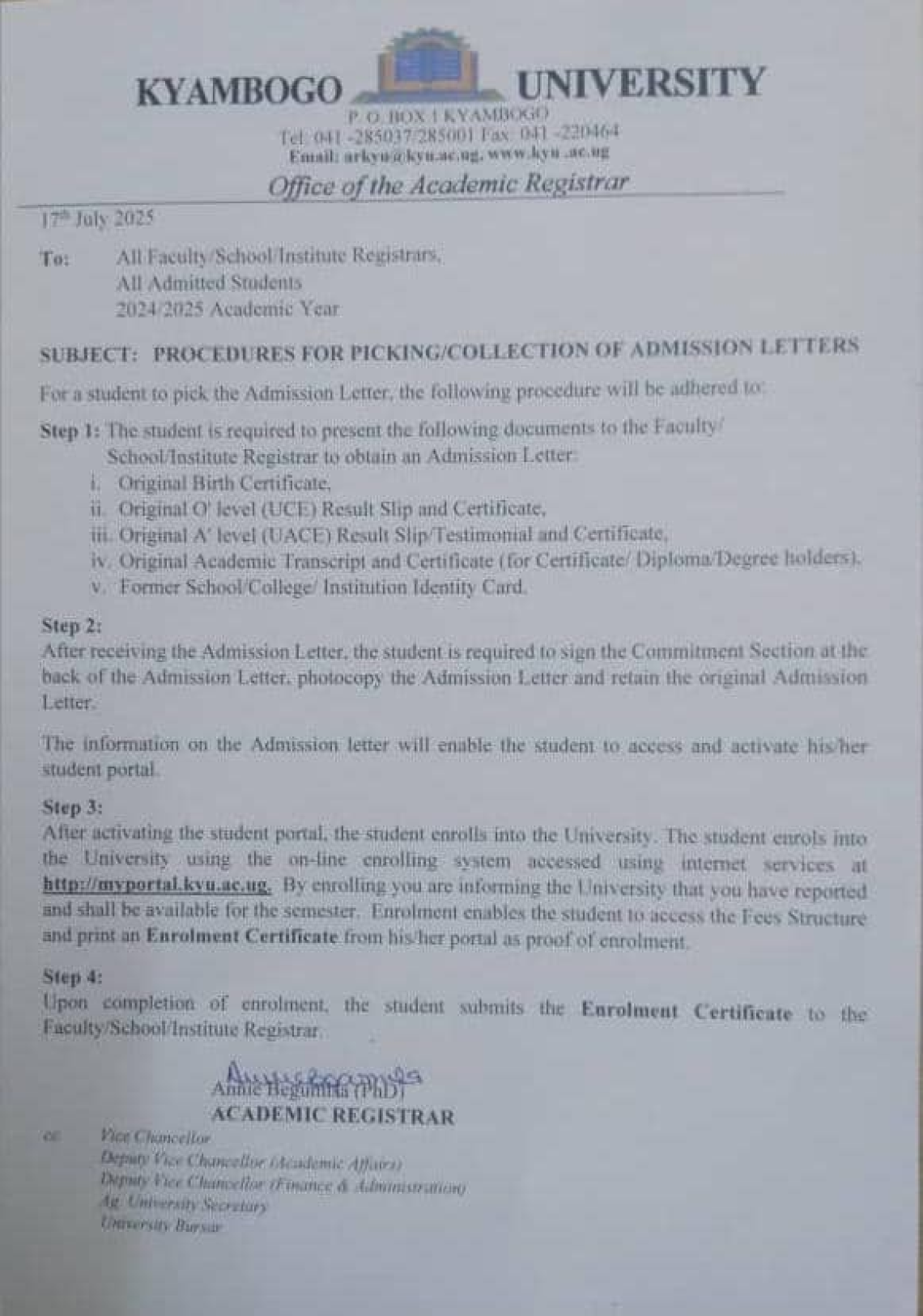 Kyambogo: Guidelines for Picking Admission Letters - Campus Bee